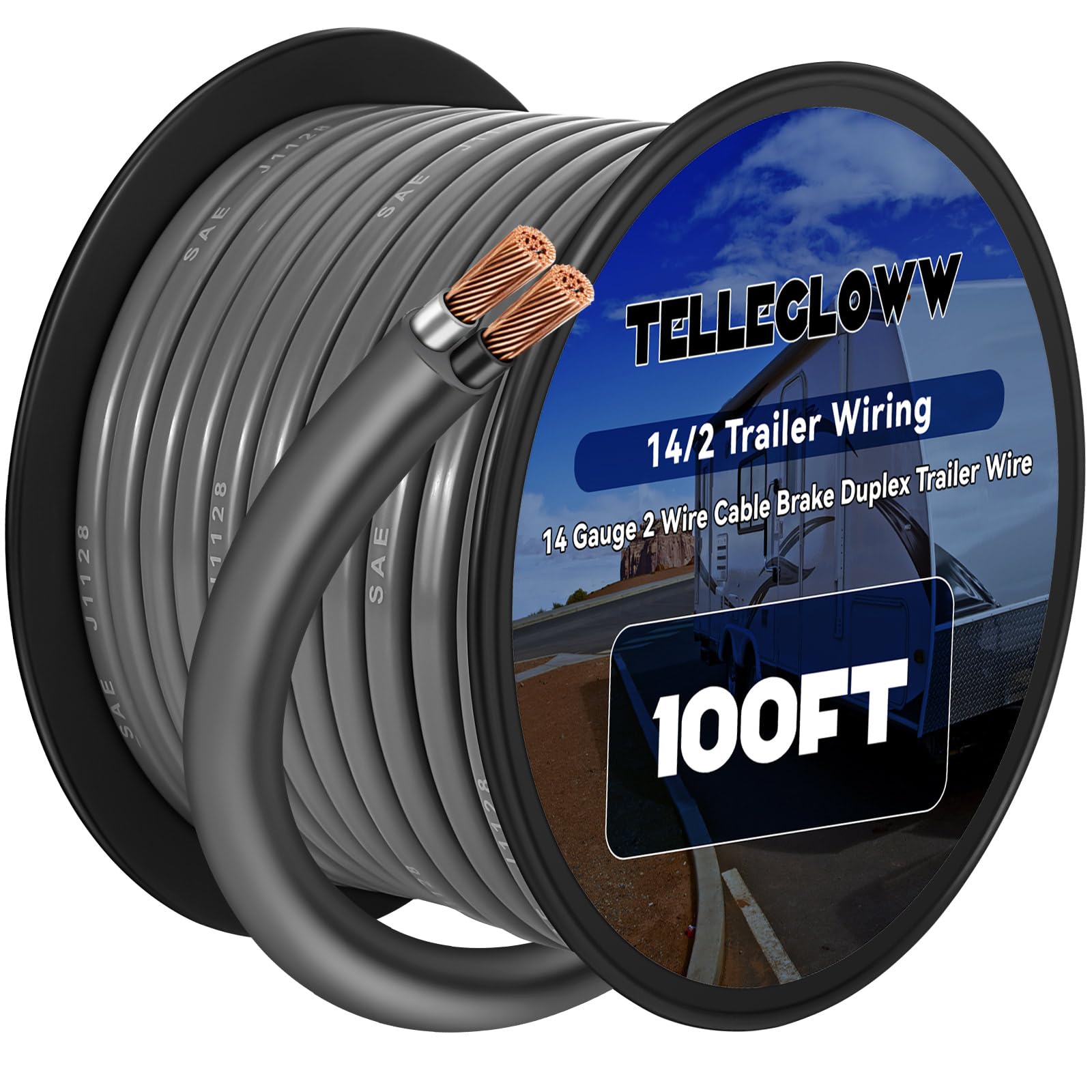 Tellegloww 14/2 Trailer Wiring 100 ft Gray Jacketed Wire 14 Gauge 2 ...