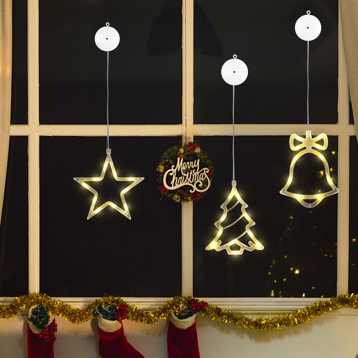 SULOLI 3Pcs Christmas Window Decorations, Xmas Hanging Tree Bell Star ...
