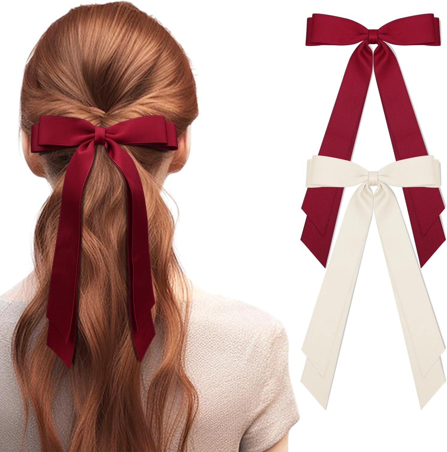 Amazon.com : Hair Bows 2Pcs Beige Red Hair Bow for Hair Double-layer ...