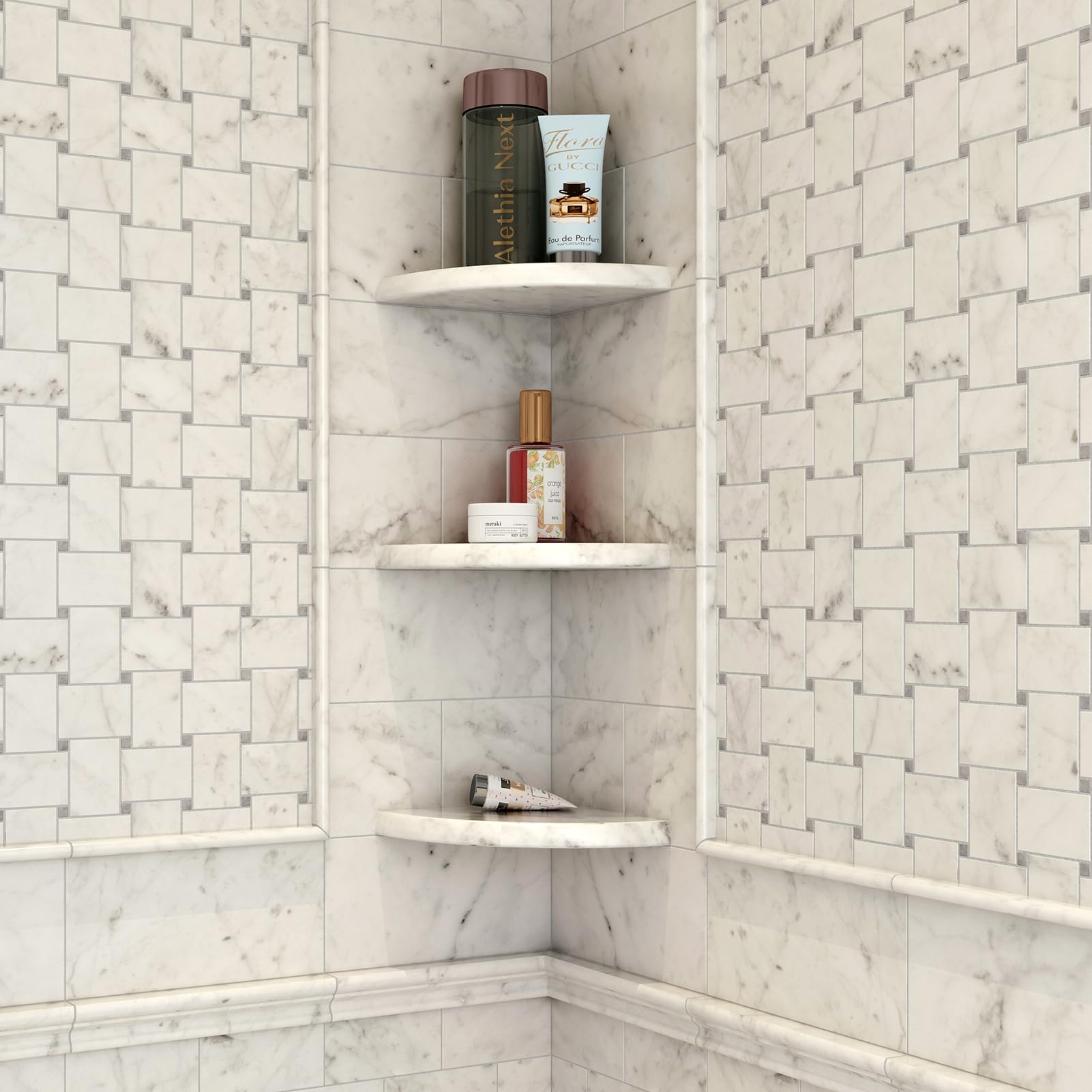 Walk Shower With Marble Shower Corner Shelves Practical