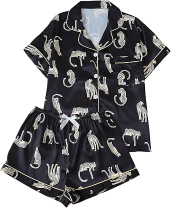 SHENHE Women's 2 Piece Satin Pajama Set Leopard Short Sleeve Button ...