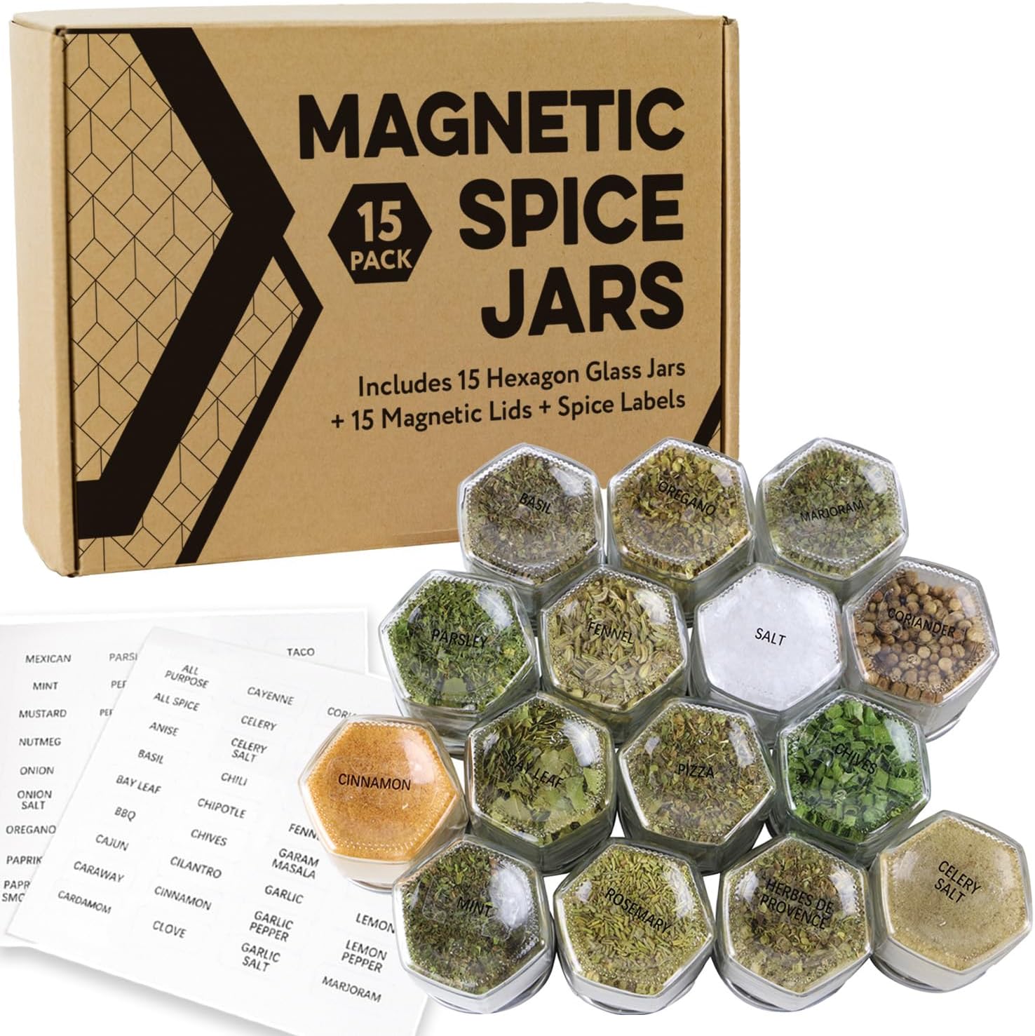 Amazon.com: IMPRESA Hexagonal Glass Magnetic Spice Jars - 15 Pack ...
