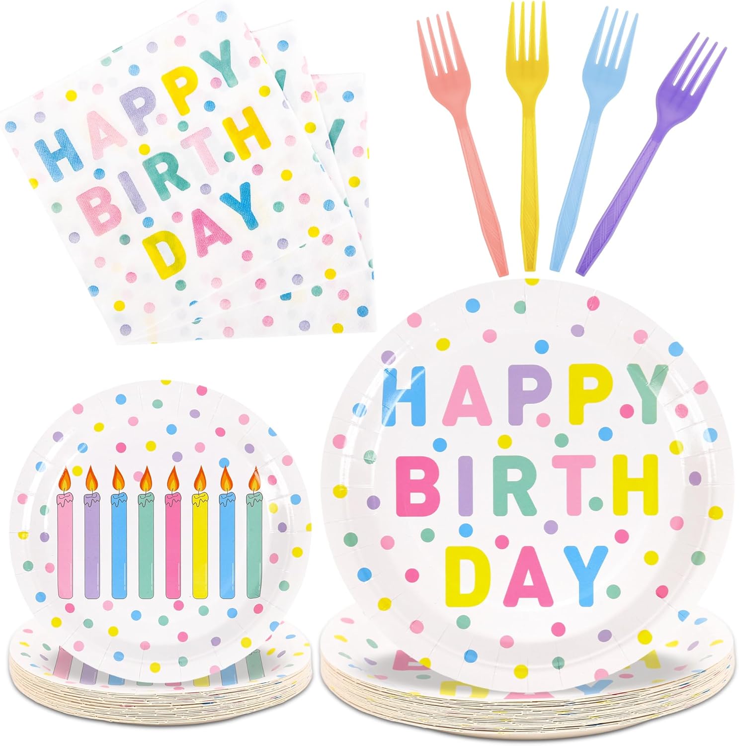 Amazon.com: 96 Pcs Pastel Birthday Party Supplies Disposable Tableware ...