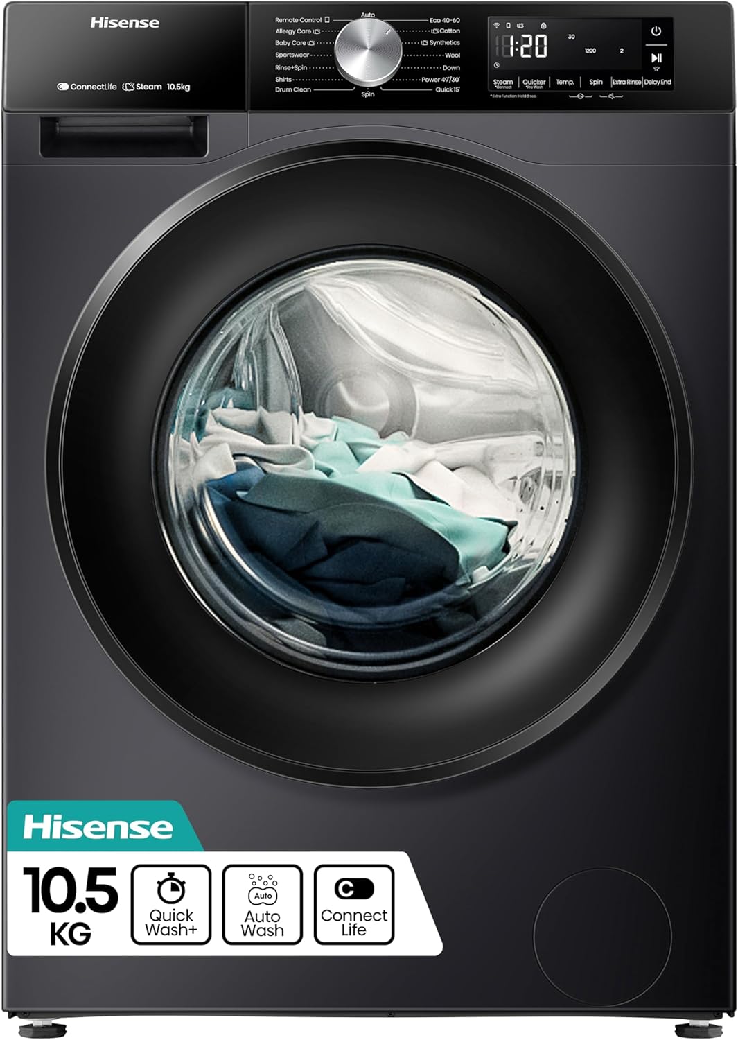Hisense 3S WiFi Series WF3S1043BB3 10.5 KG Front Load Washing Machine Durable Inverter, Steam ...