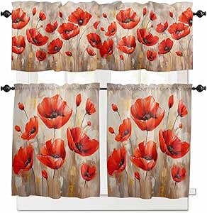 Amazon.com: Yomandocix Watercolor Red Poppy Kitchen Curtains and ...