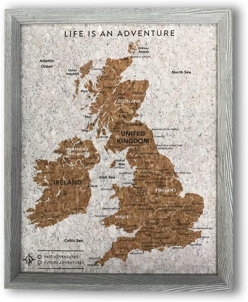 Splosh Travel Map - UK Map Pin Board in Grey, Wooden Frame. Travel Pin ...
