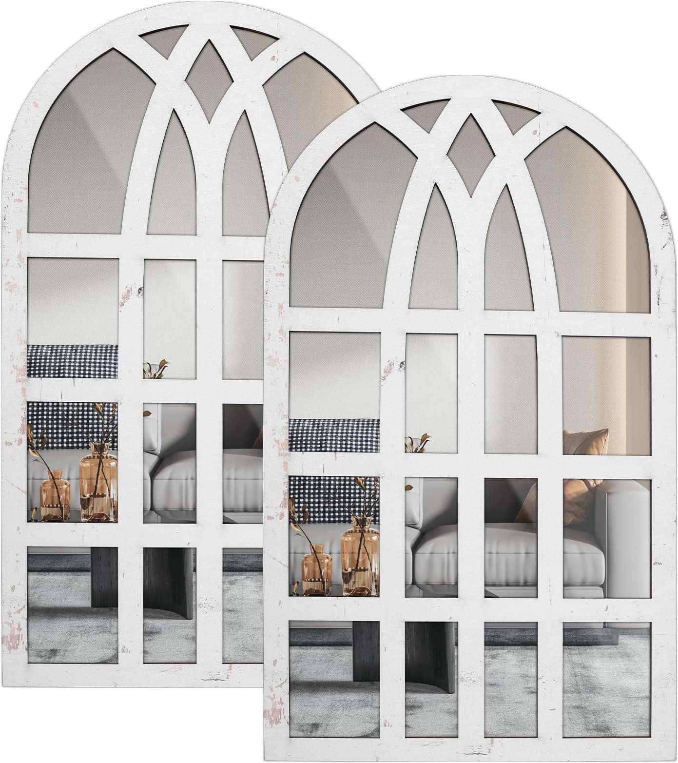 Biznest 80X40Cm Two Panel Window Mirror White Rustic Wall Mountable ...