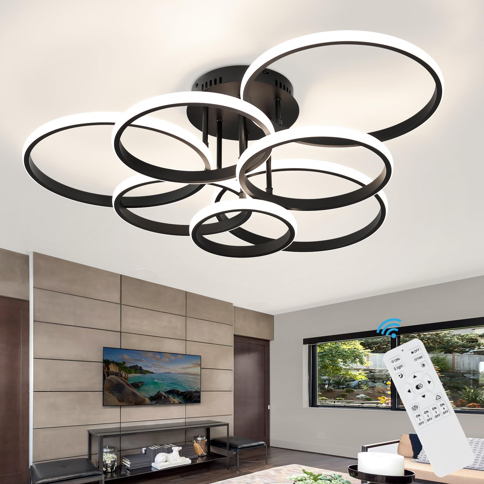 6-Rings LED Modern Ceiling Light Dimmable with Remote for Living Room ...