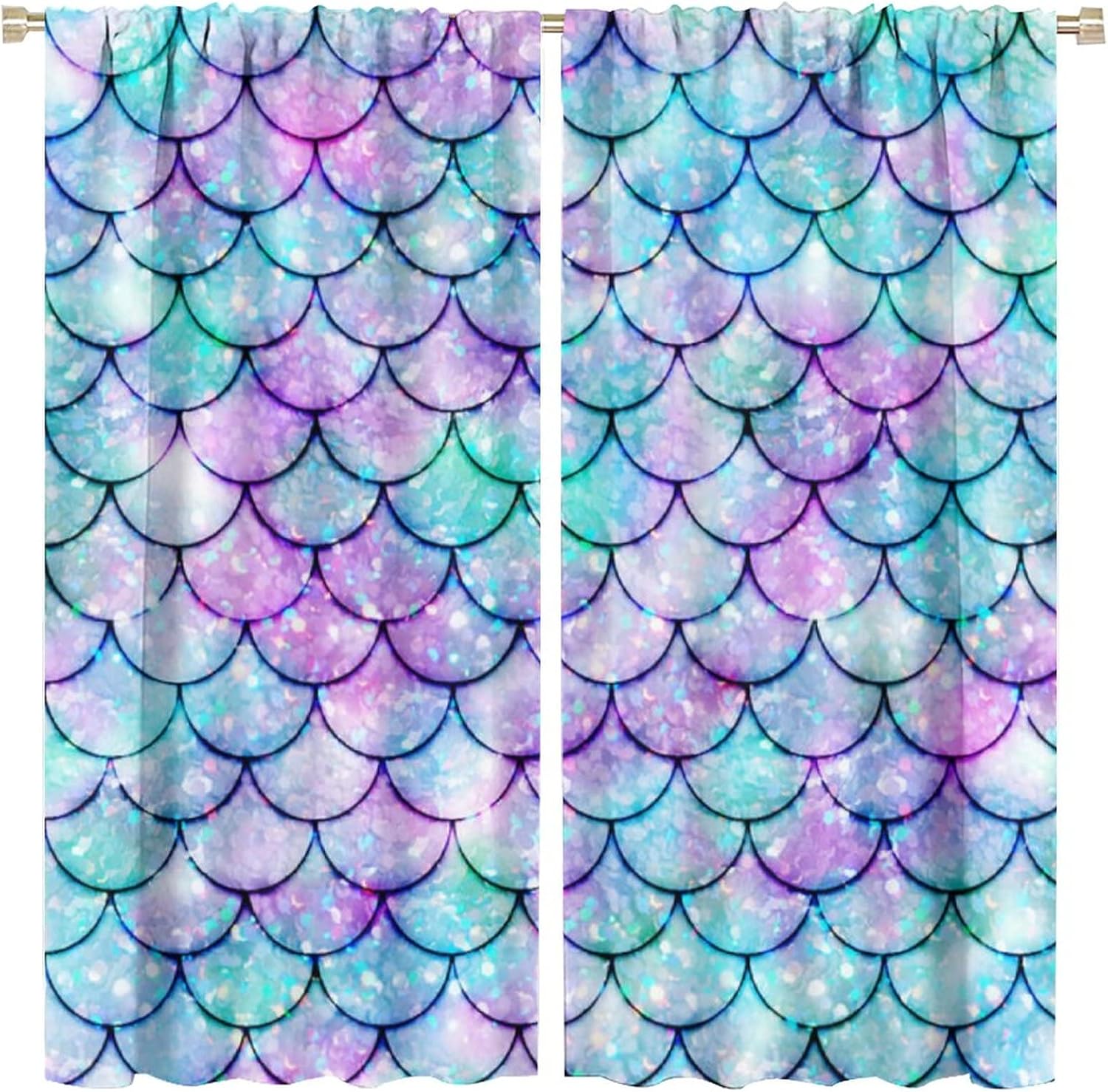 Amazon.com: Mermaid Small Curtain Girl Bedroom Fish Scale Rod Pocket ...