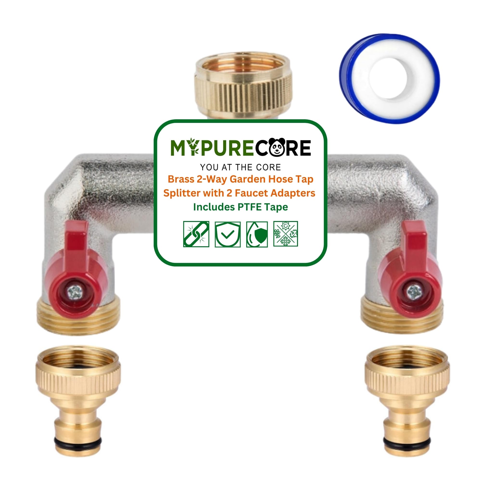 MYPURECORE Brass 2-Way Garden Hose Tap Splitter with 2 Faucet Adapters ...