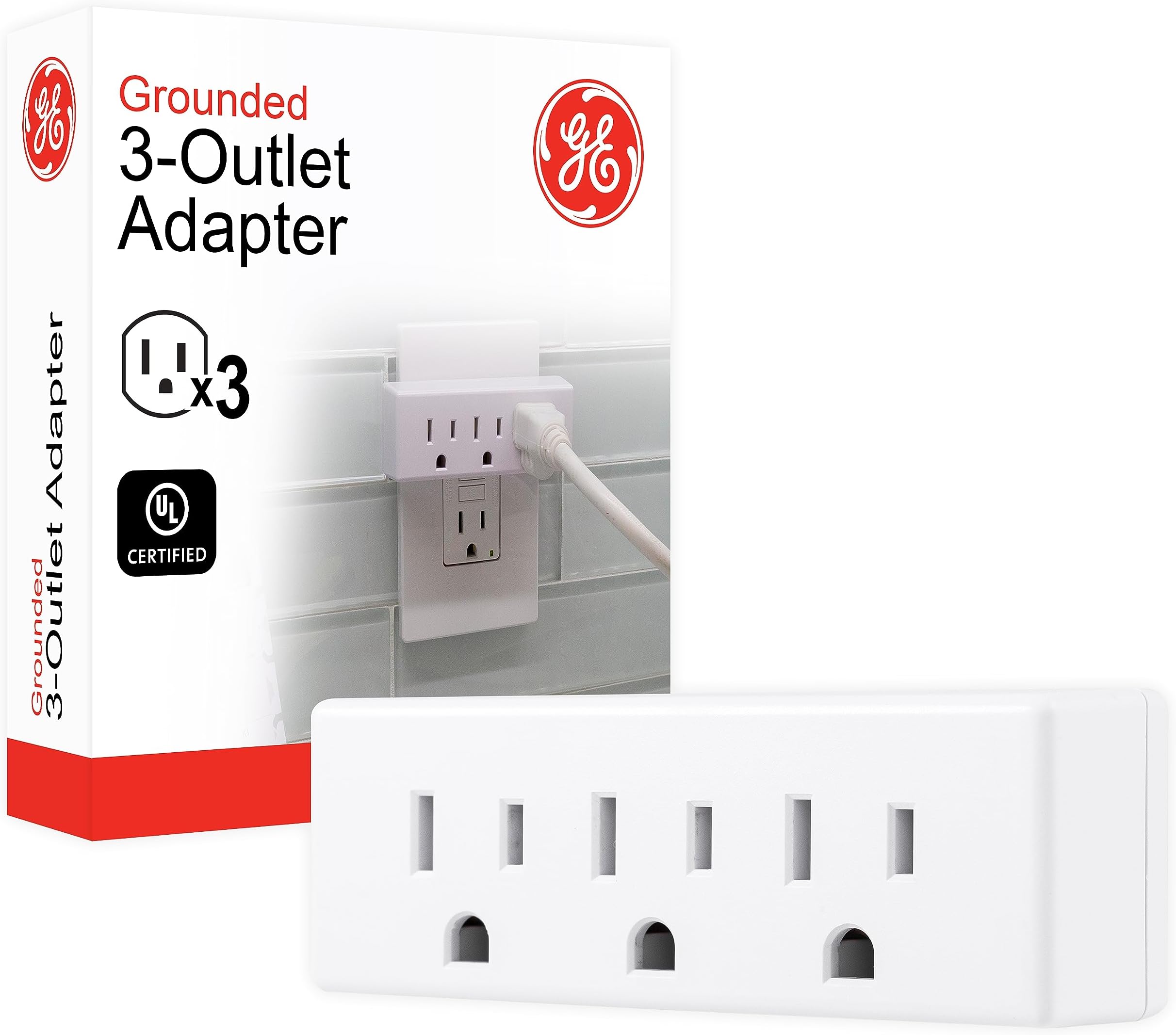 GE 3 Outlet Adapter Wall Tap, Grounded Outlets, Indoor Rated, 3 Prong ...