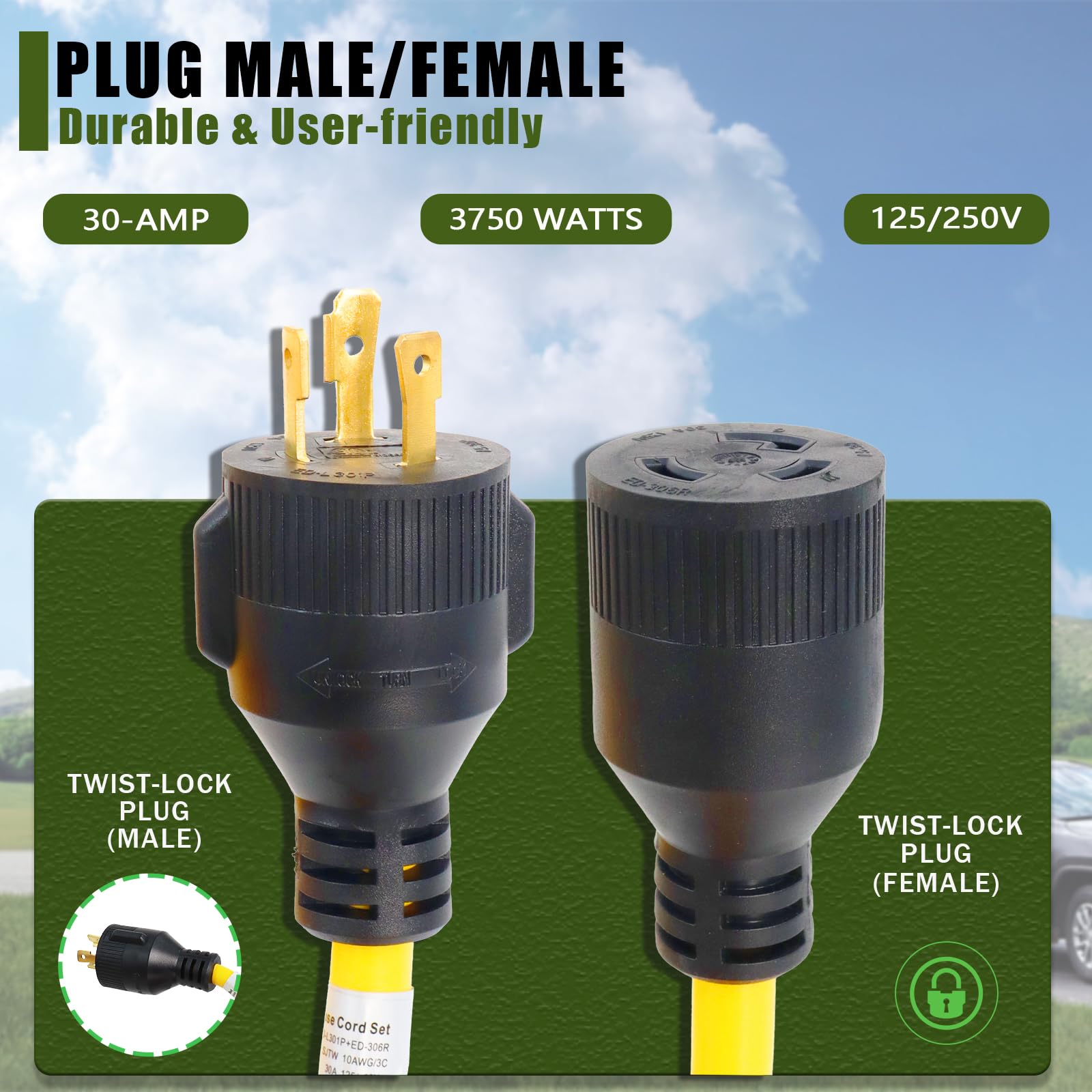 Snapklik.com : 3 Prong Generator Cord 30 Amp, Yellow SJTW 3X10AWG ...