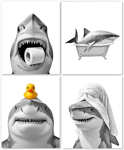 Amazon.com: LUKIPOM Funny Shark Bathroom Wall Art Prints 8x10 Set of 4 ...
