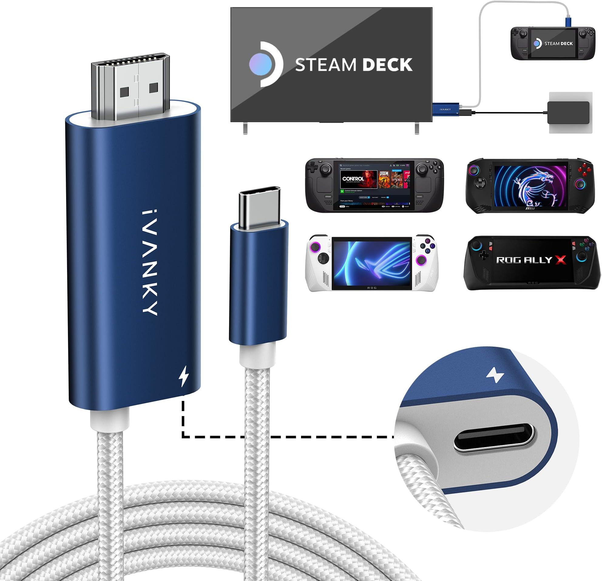 IVANKY 2-in-1 USB C to HDMI 100W Charging Cable Dock for Steam Deck ...