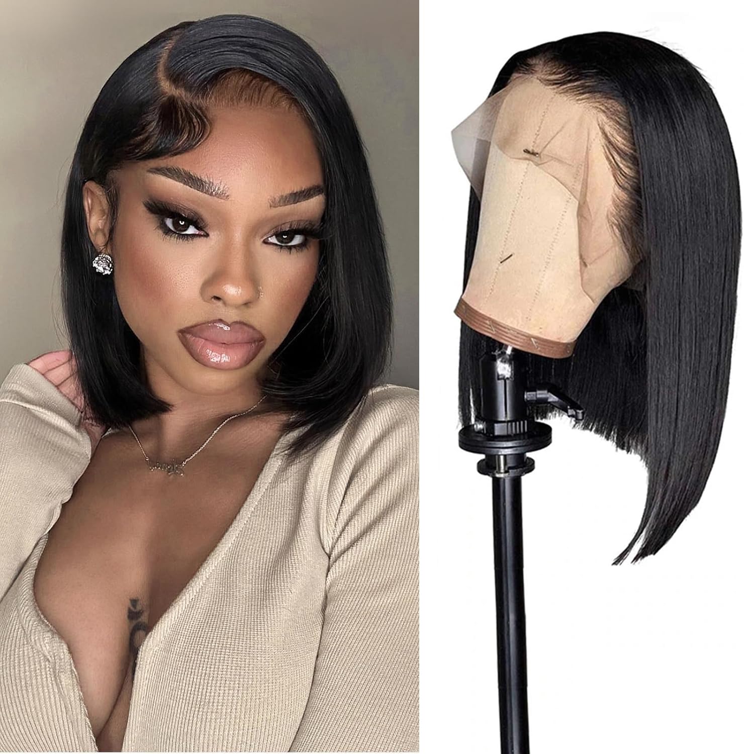 Amazon.com : urno ble 13x4 HD Lace Front Bob Wig Human Hair Pre Plucked ...