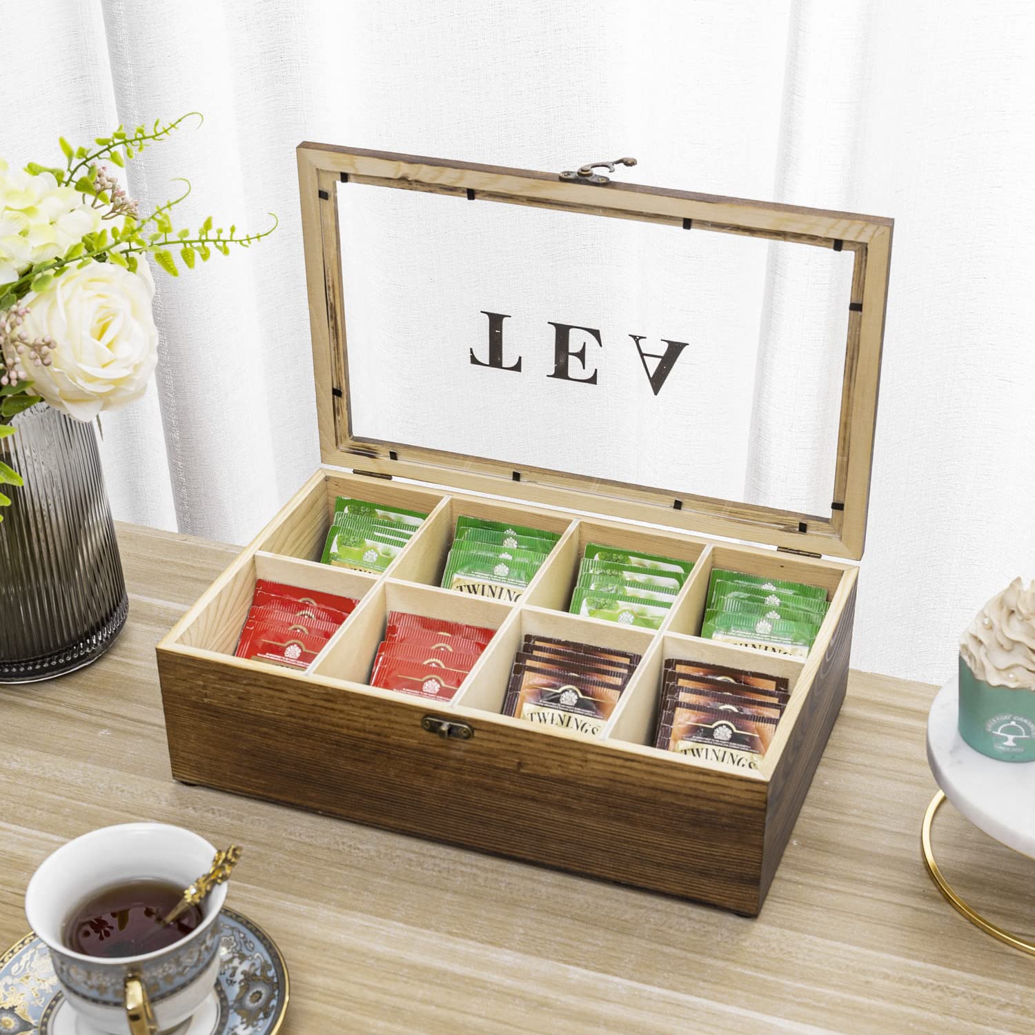MyGift Rustic Burnt Brown Wood Tea Bags Box Organizer with 8 ...
