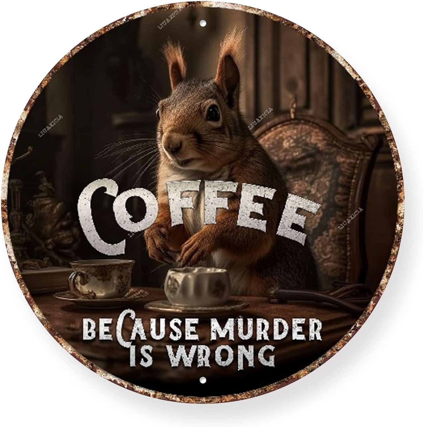 Amazon.com: Retro Round Tin Sign Squirrel Coffee Because Murder is ...