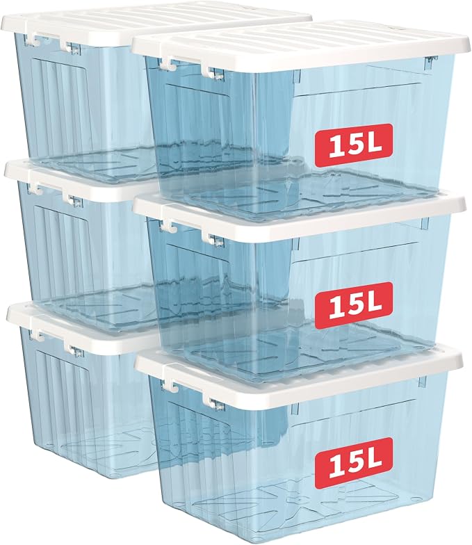 Cetomo 15L*6 Storage Boxes with Lids, Plastic Storage Box with Secure ...