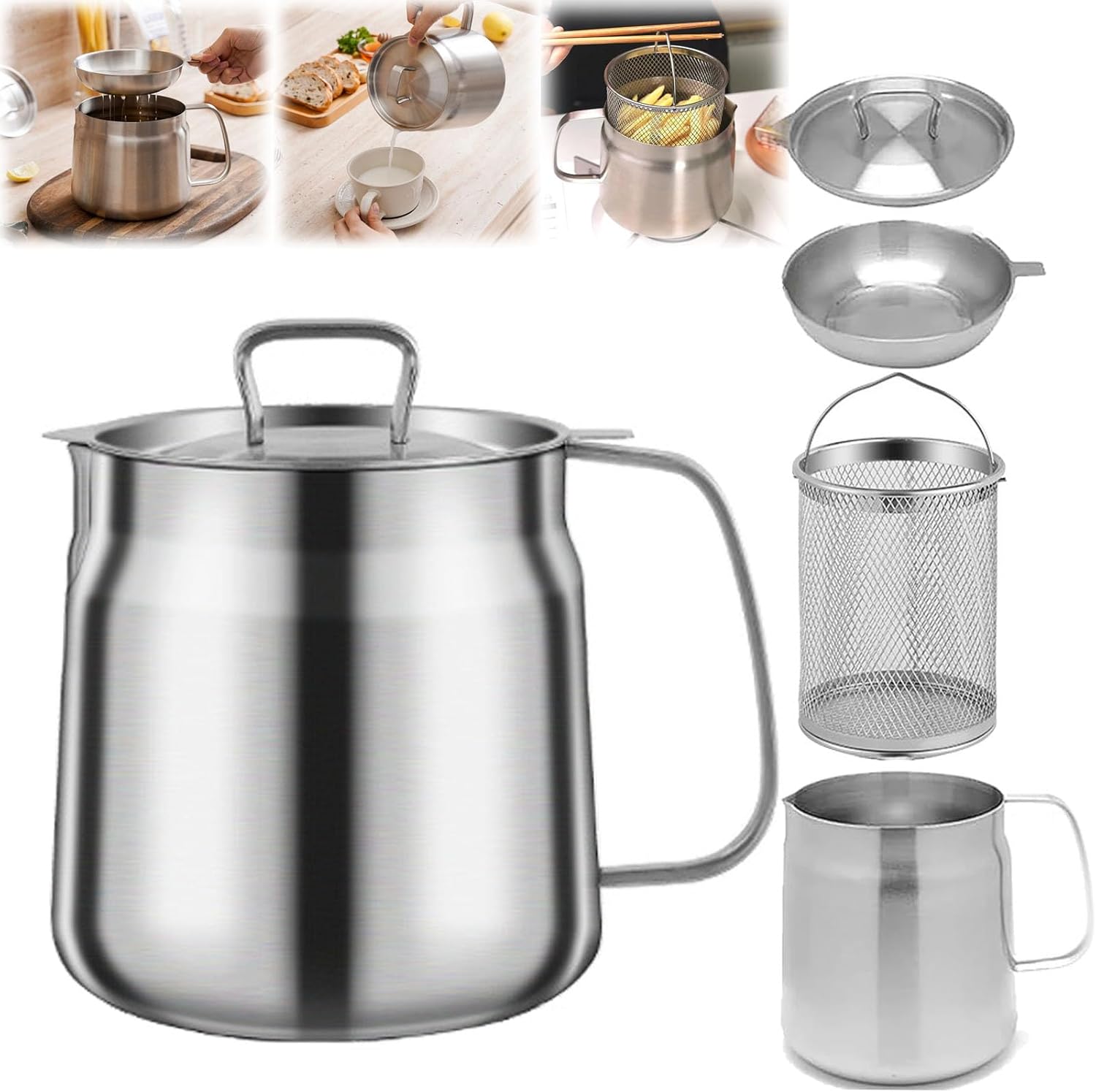 CERAVI Stainless Steel Large Capacity Oil Filter Pot, 1.5L Silver Round ...