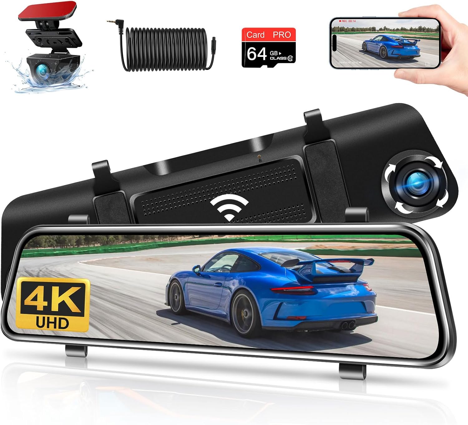 Largest 12 inch 4K Rear View Mirror Camera WiFi-APP 2160P Rearview ...