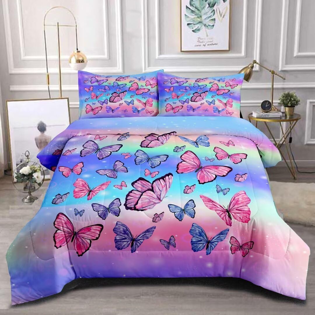 Amazon.com: GRAT TIOC Girls Rainbow Butterfly Comforter Set - Twin Size ...