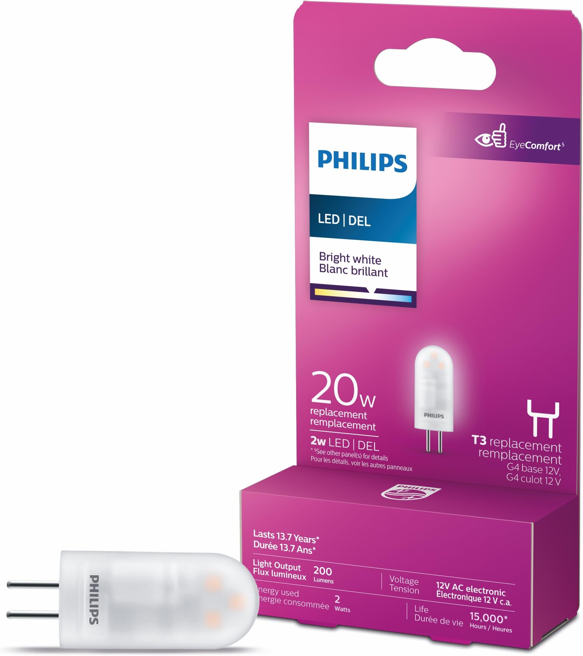 PHILIPS LED 2W = 20W G4 Capsule Bright White Non-Dimmable, 3000K, LED ...