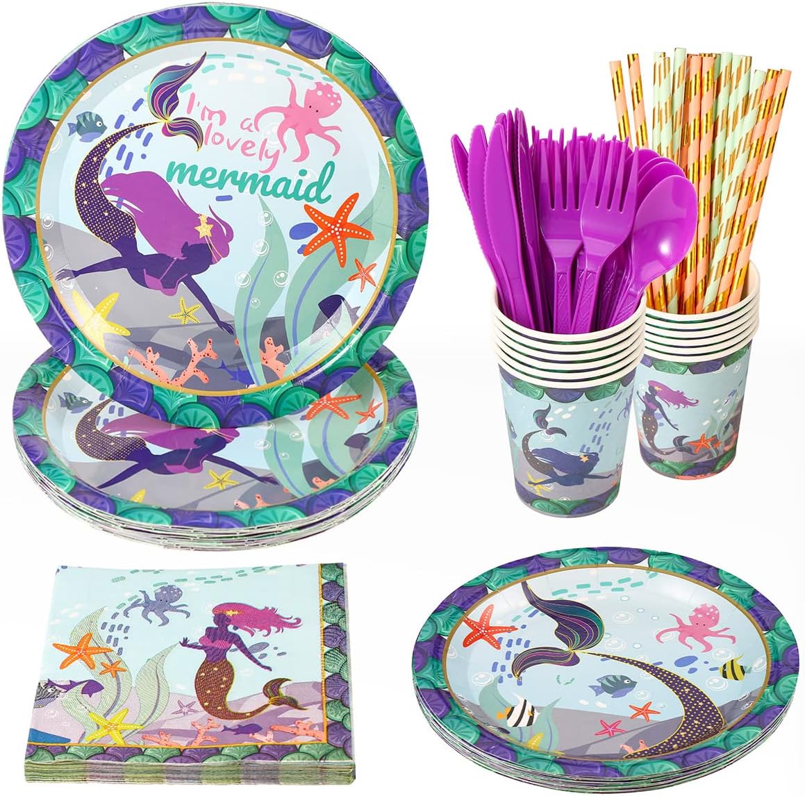 Amazon.com: Mermaid Party Supplies Set- Mermaids Dinnerware Kits For ...