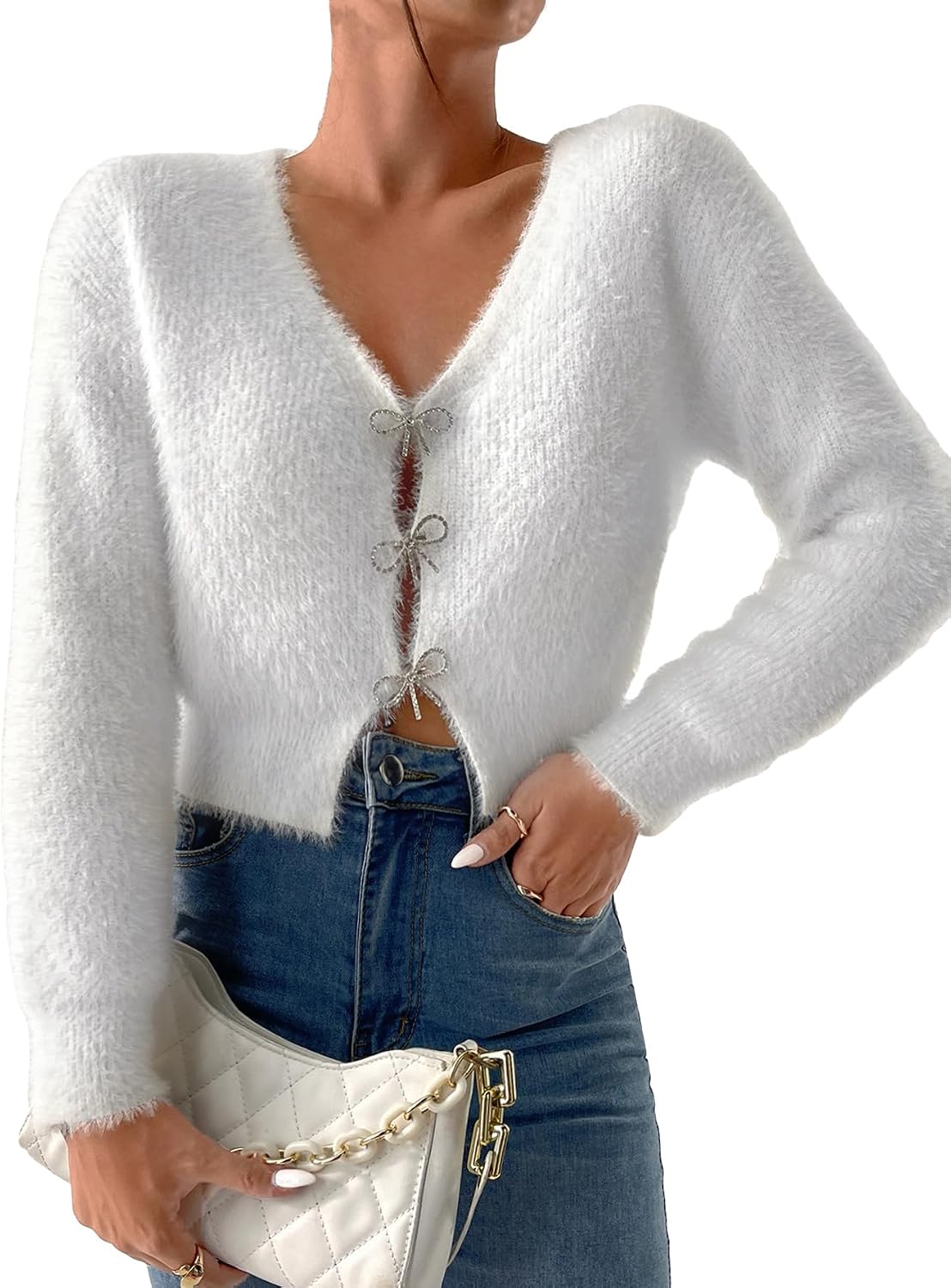 Verdusa Women's Rhinestone Bow Fluffy Long Sleeve V Neck Crop Cardigan ...