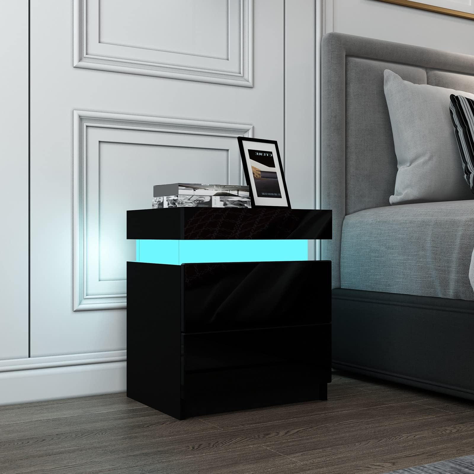 ELFORDSON Bedside Table Set of 2 with 3 Drawers, 4 Sides High Gloss LED ...
