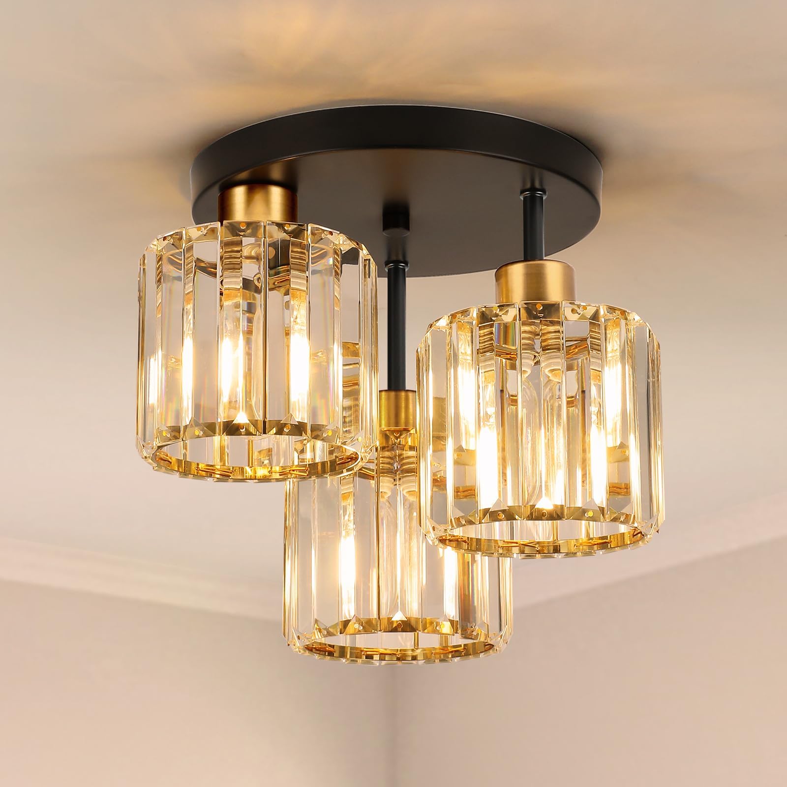 FORCOSO Ceiling Light 3 Lights, Black and Gold Light Shade Crystal ...