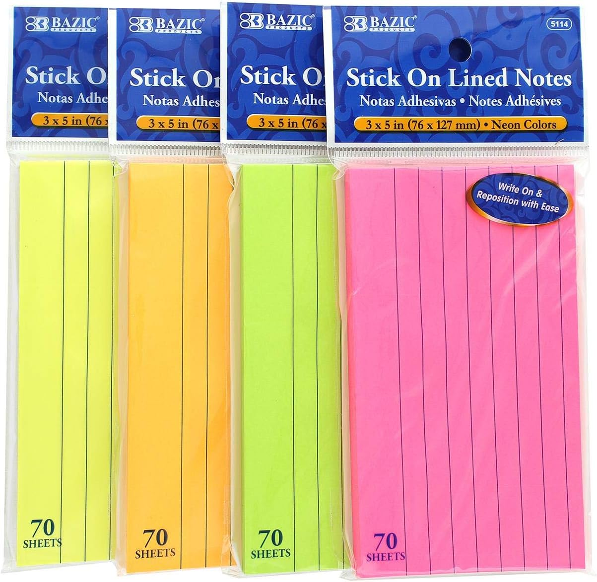 Amazon.com : BAZIC 70 Ct. 3" X 5" Neon Lined Stick On Notes : Office ...