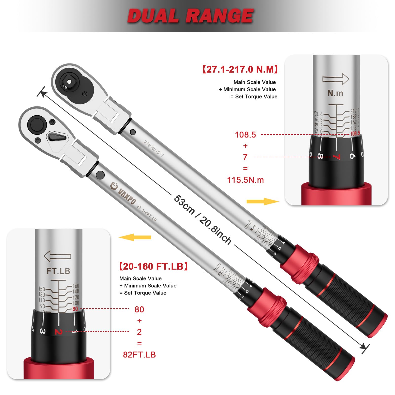Snapklik.com : VANPO Flex Head Torque Wrench, 20-160 Ft.lb/27.1-217 Nm ...