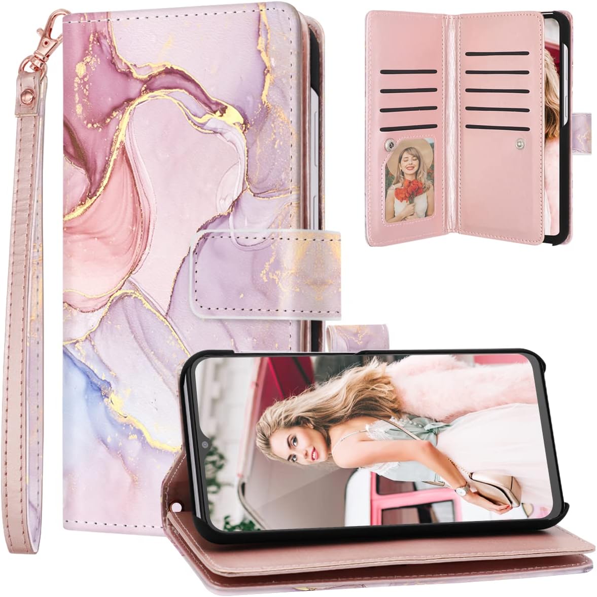 Amazon.com: Fingic Samsung Galaxy A14 5G Wallet Case, Rose Gold Marble 9 Card Holder PU Leather ...