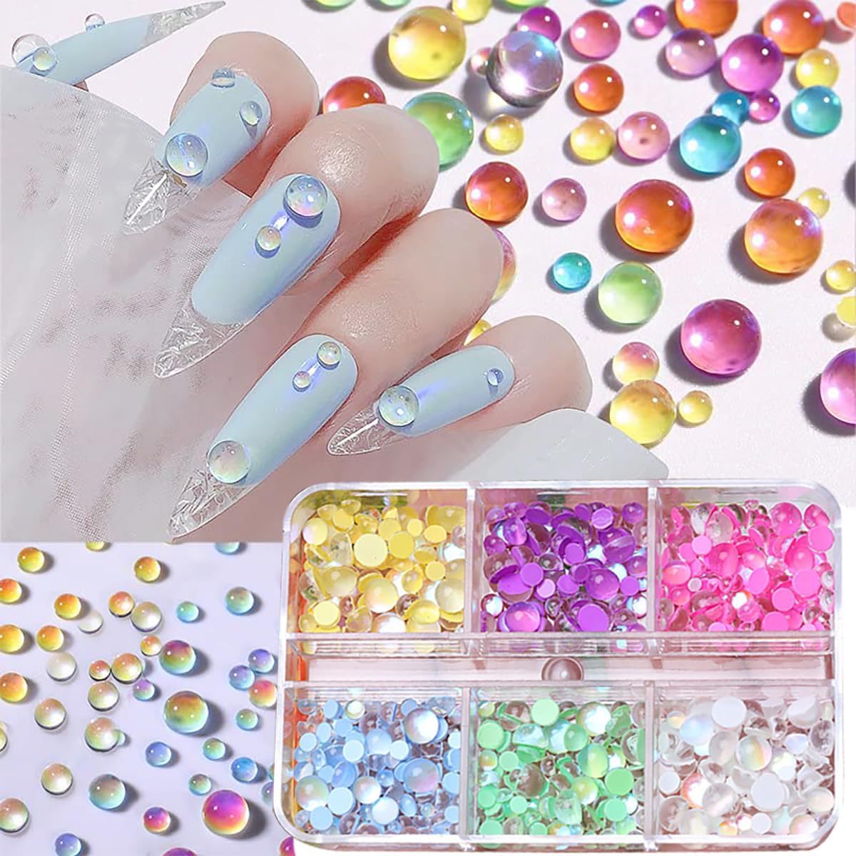 Amazon.com: 6 Grids 3D Nail Art Beads, Mermaid Bubble Glass Beads ...