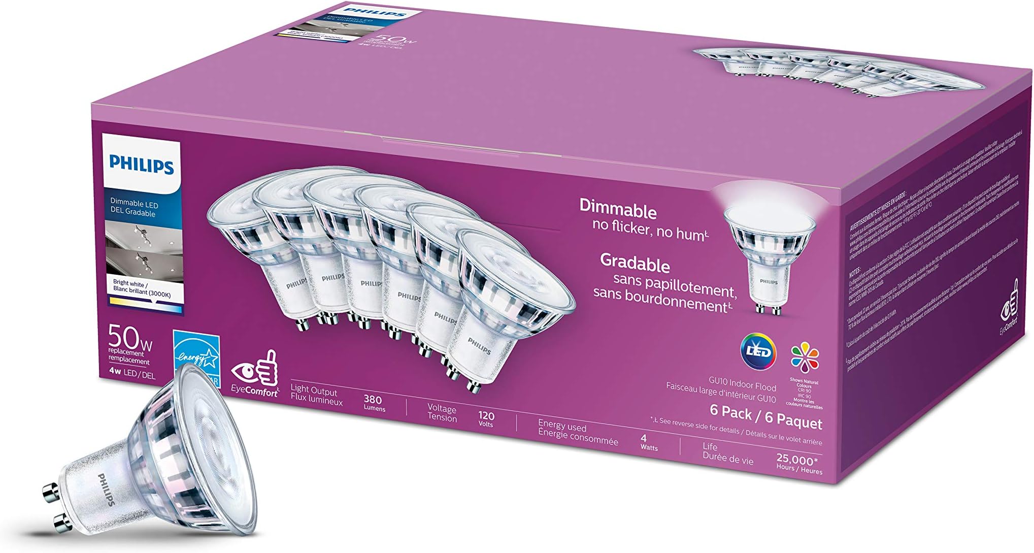 PHILIPS LED Light Bulb - 50W GU10 Glass Bright White (3000K) 6 Pack ...