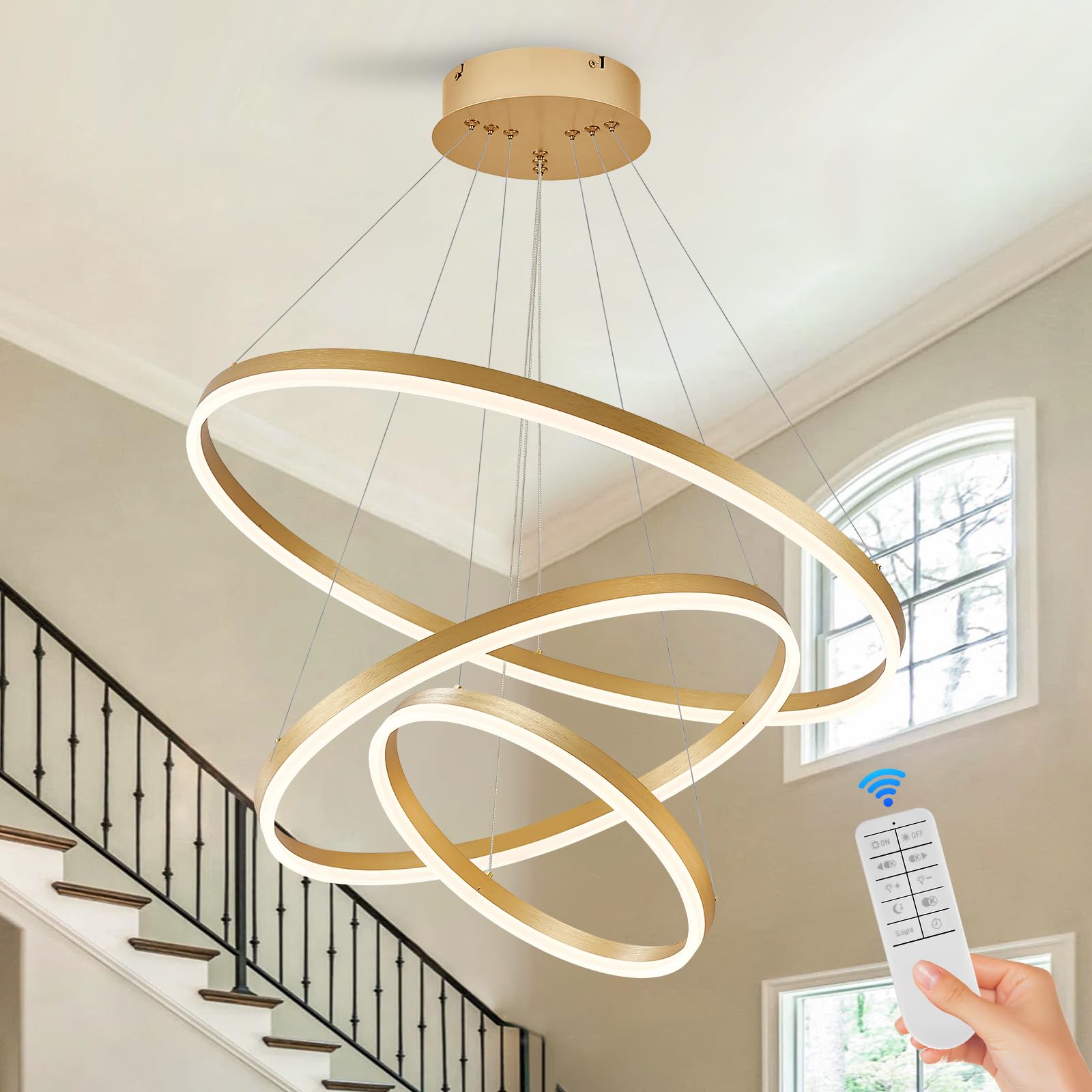 Sparklelf 3-Rings Modern LED Chandelier Gold, Dimmable Pendant Lighting ...