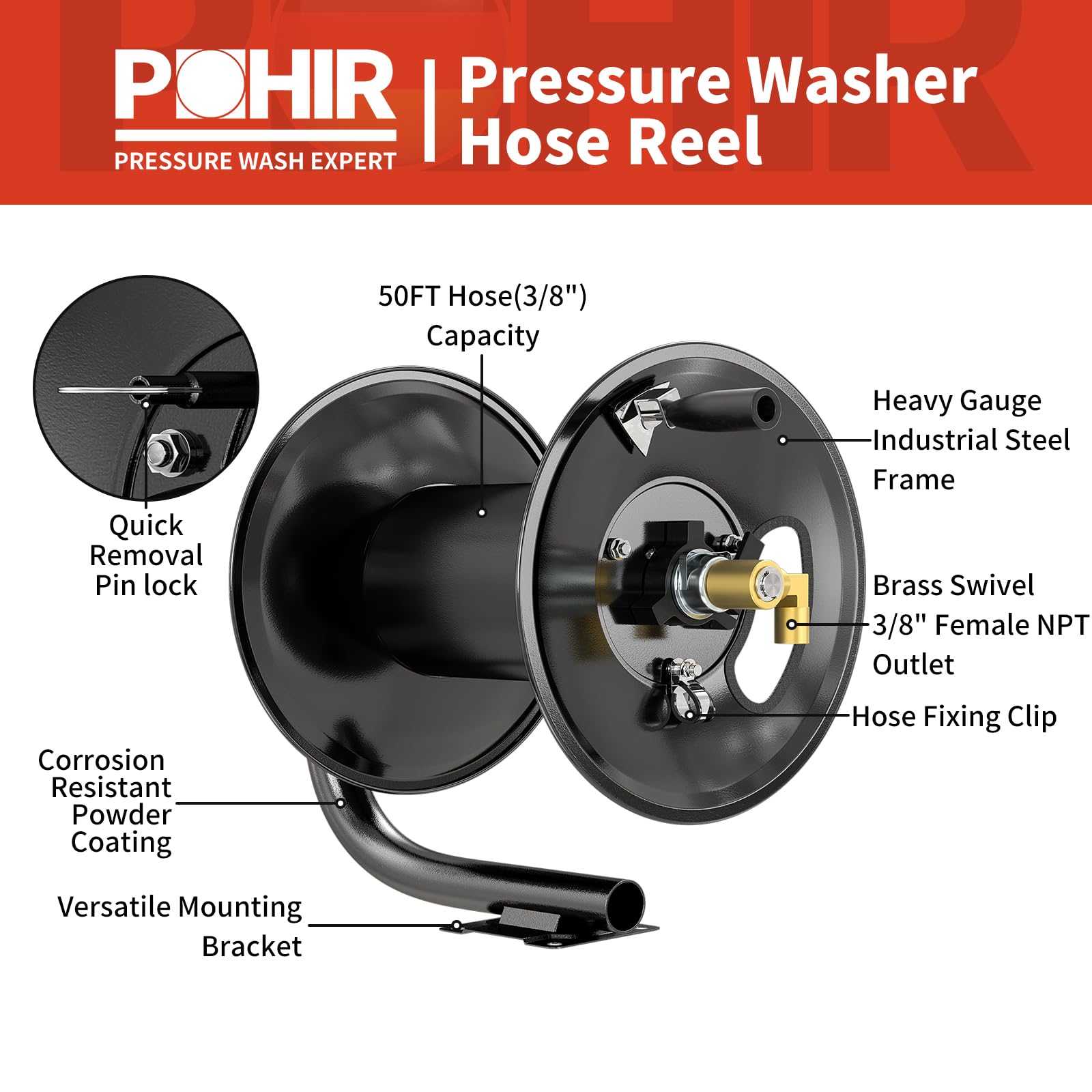 POHIR Pressure Washer Hose Reel 4000 PSI Heavy Duty Manual Crank Power Washer Hose 3/8" Water ...