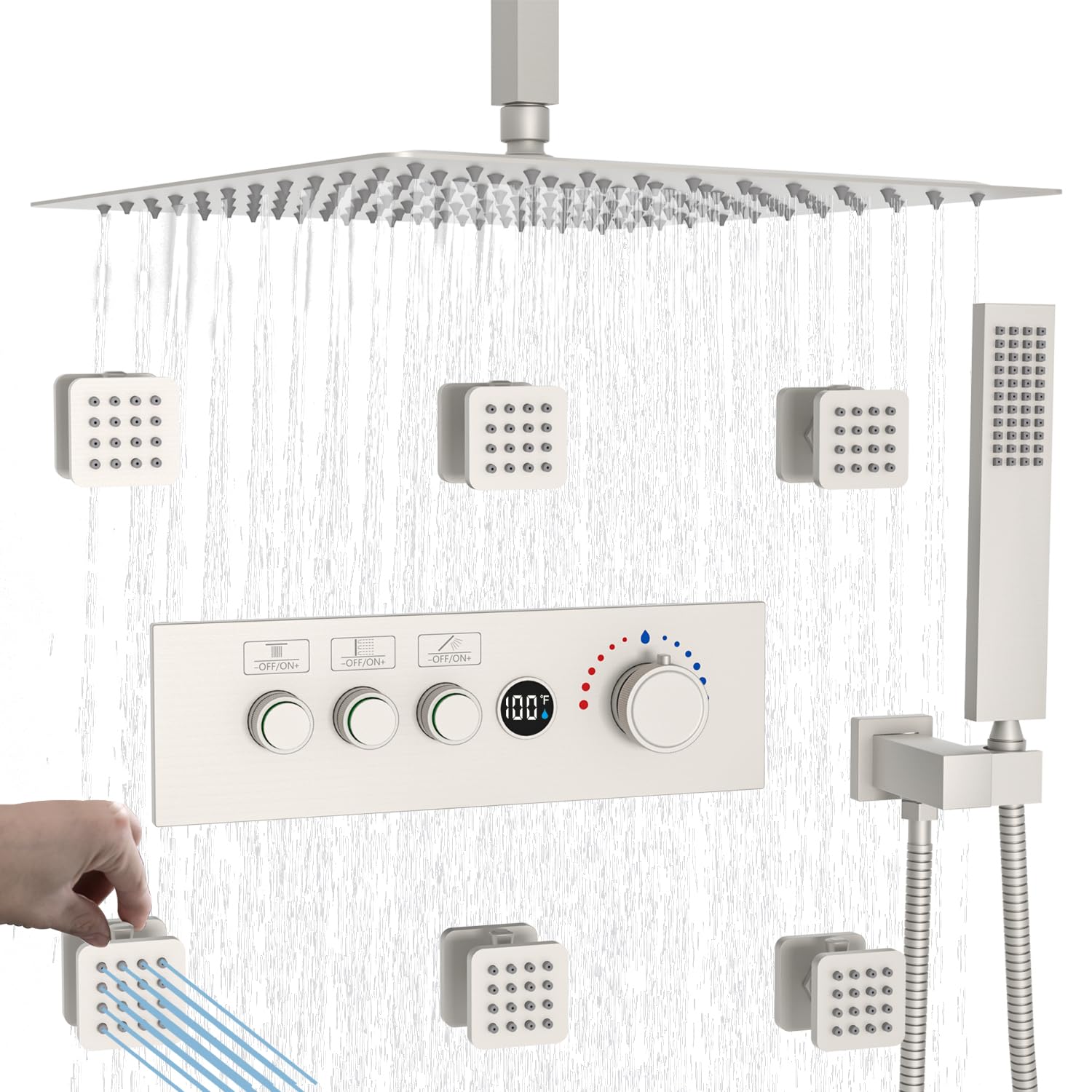 Temperature-Display Shower System with Body Jets, 16 Inch Rainfall ...