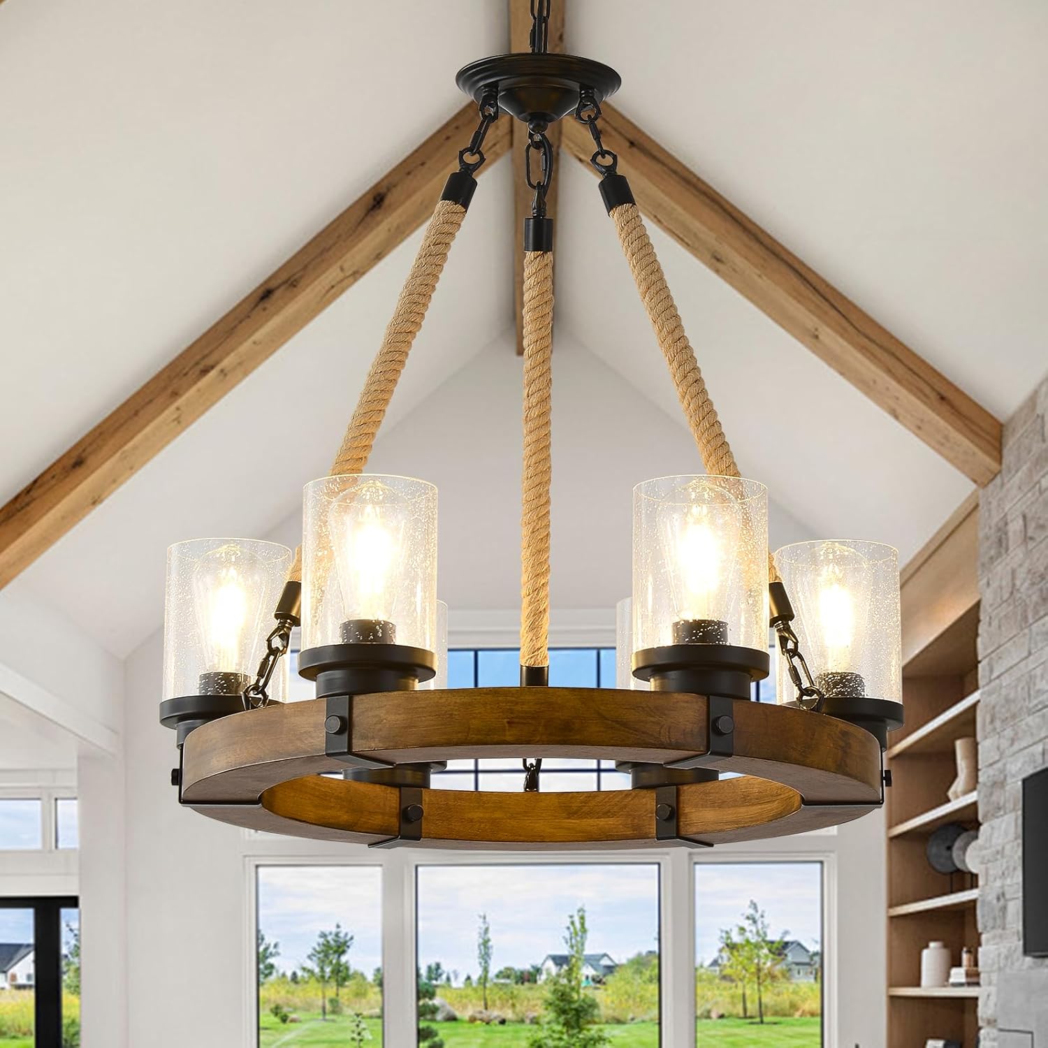 Rustic Wagon Wheel Chandelier 6Light Farmhouse Wood Chandelier with ...