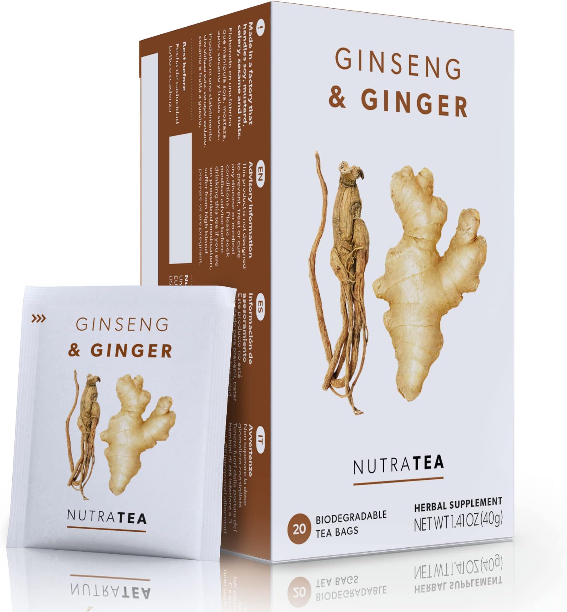 Amazon.com : Nutra Tea - Ginger & Ginseng Tea - 20 Tea Bags - Herbal ...