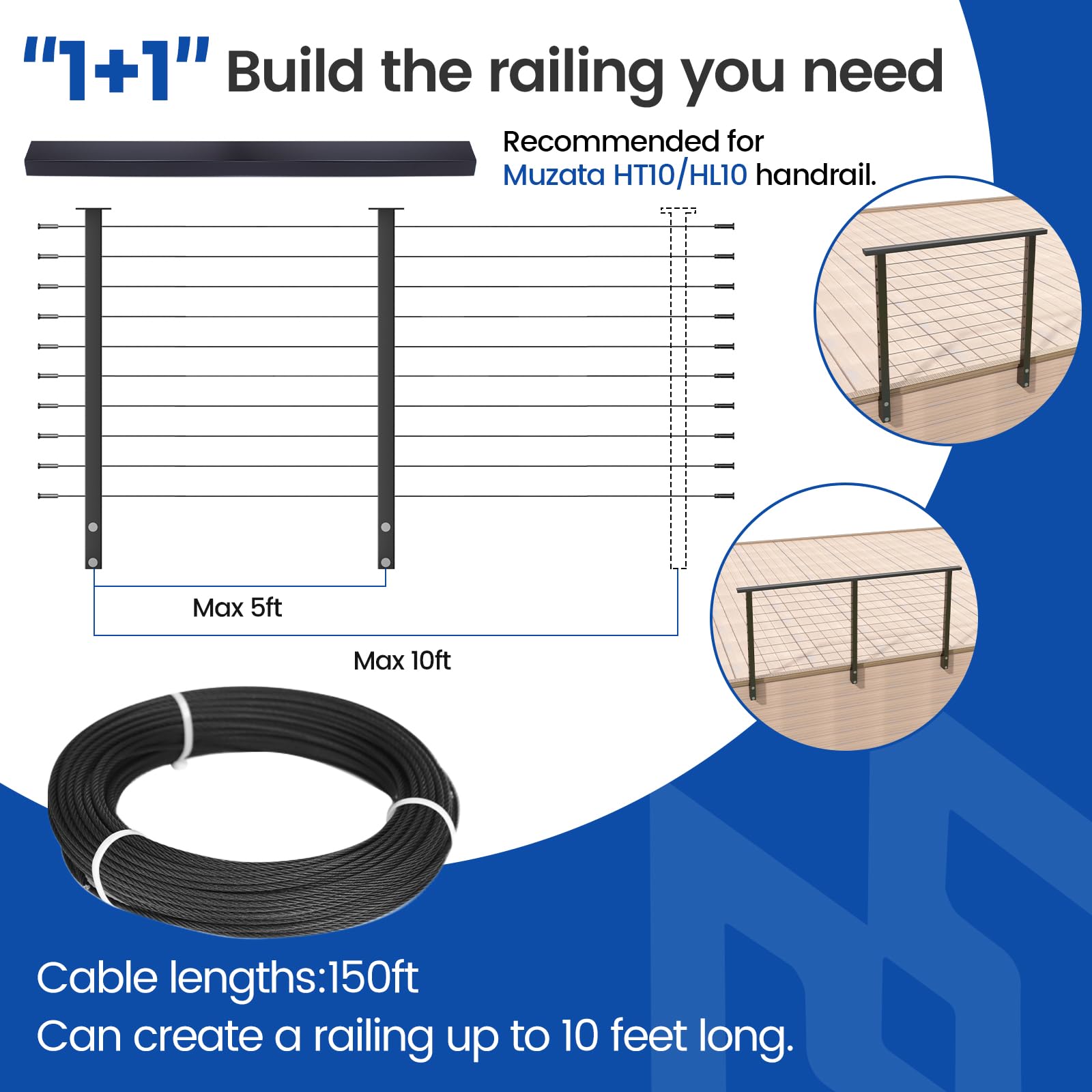 Snapklik.com : Muzata 3-65" Complete Set 36" Side Mount Cable Railing ...