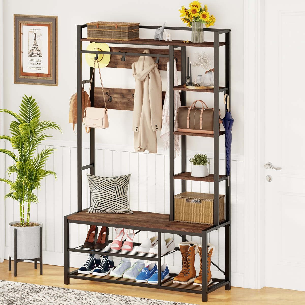 Amazon.com: Raybee Hall Tree with Bench and Shoe Storage, Coat Rack ...