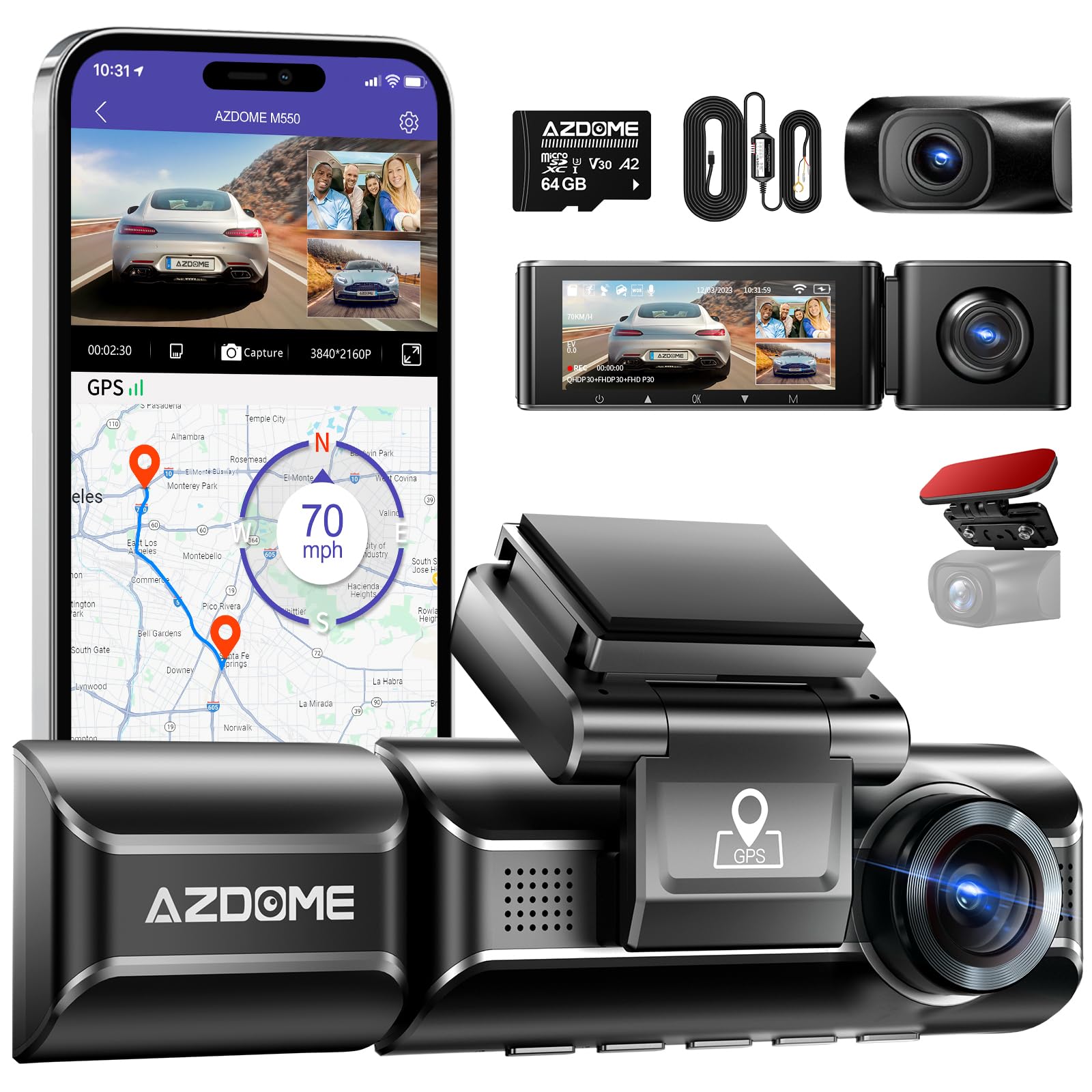 Amazon.com: AZDOME M550 3 Channel Dash Cam with Rear Window Bracket and ...