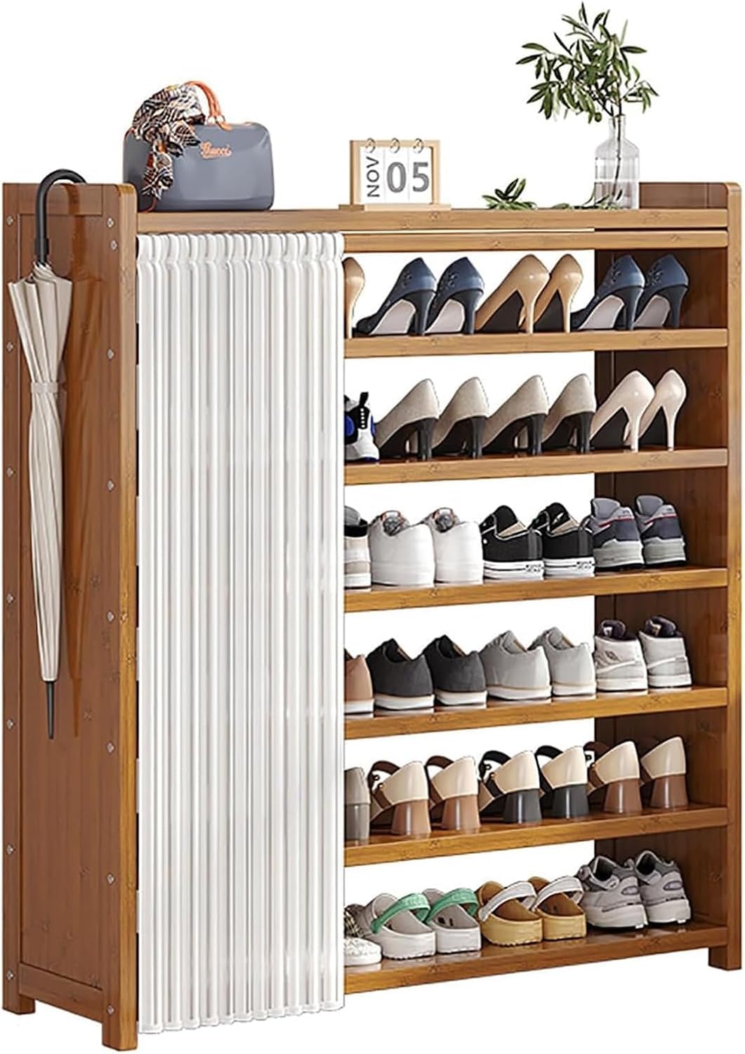 7-Tier Shoes Rack Organizer Natural Bamboo, Shoe Storage Organizer with ...