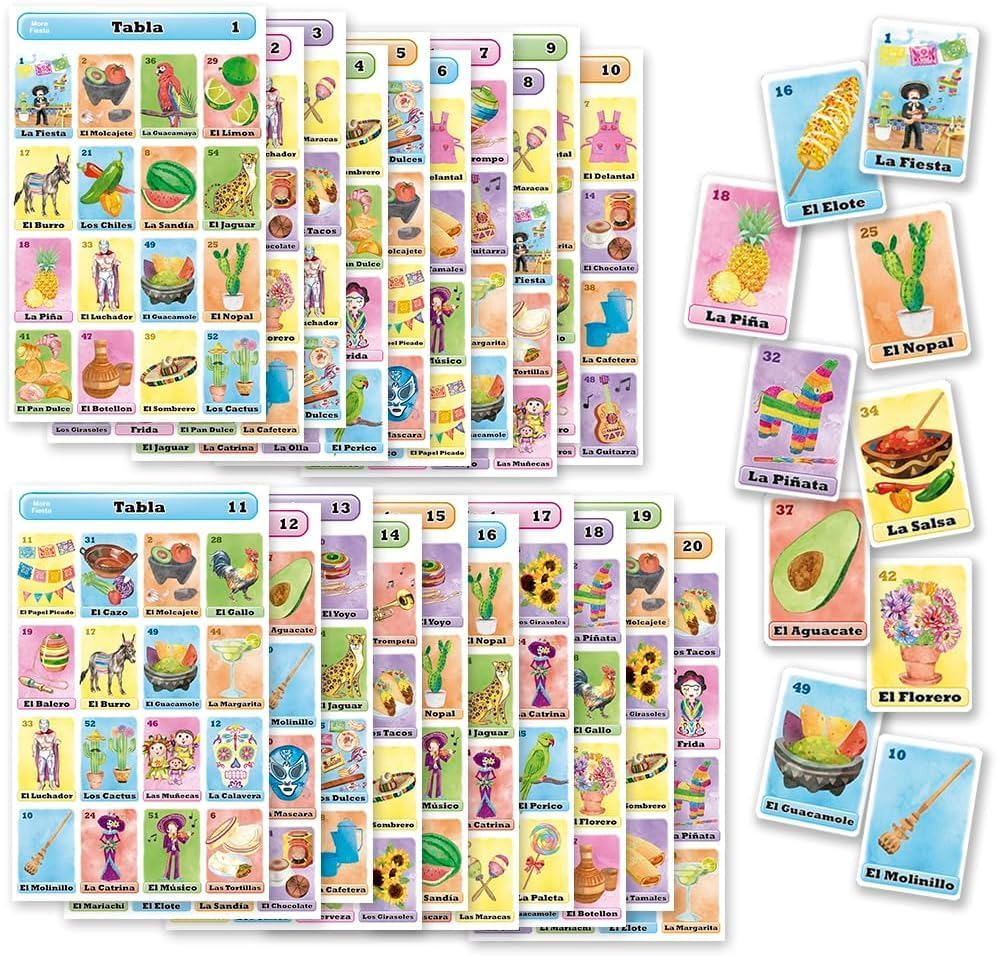 Loteria Fiesta Mexican Bingo Game Set in Spanish for 20 Players - 20 ...