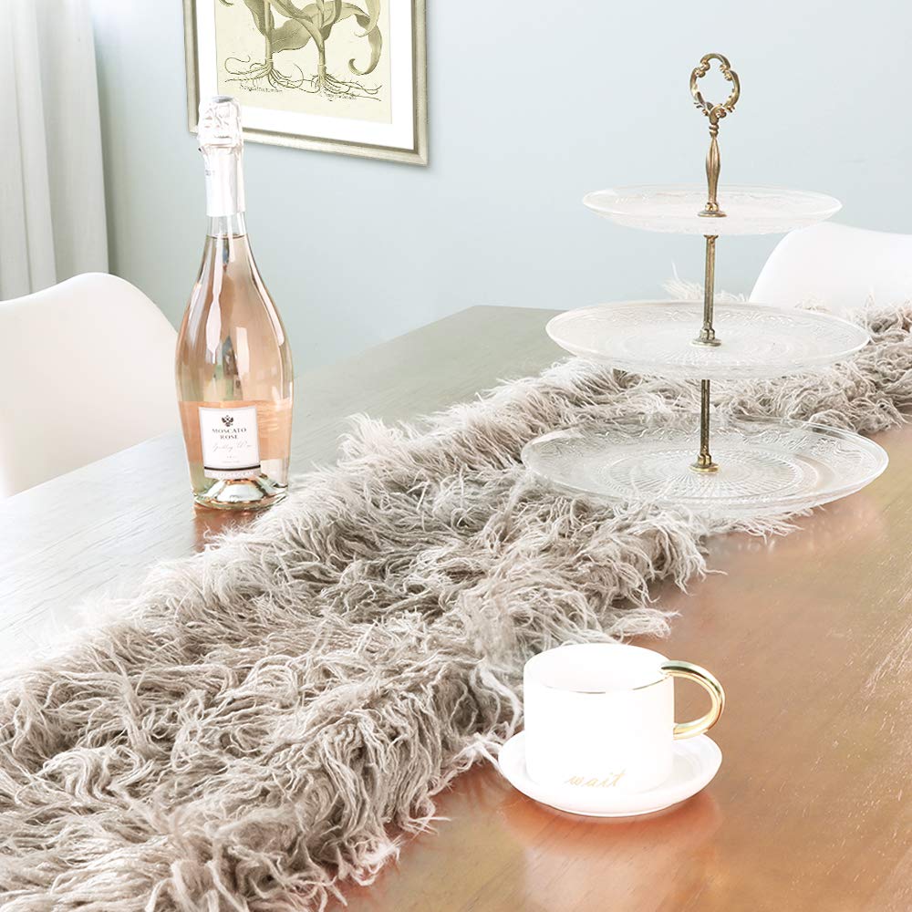 LEEVAN Faux Fur Table Runner Decorative Mongolian Fur Table Flag Modern ...