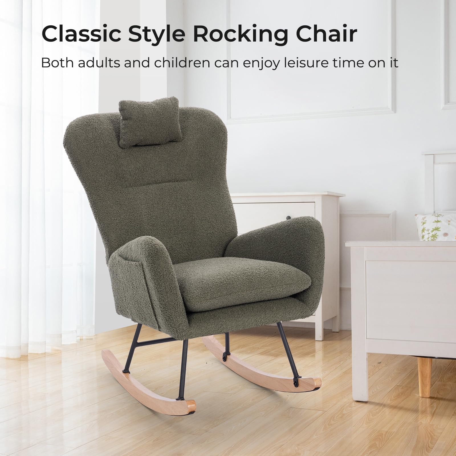 Unovivy Rocking Chair Nursery, Teddy Upholstered Nursing Armchair with ...