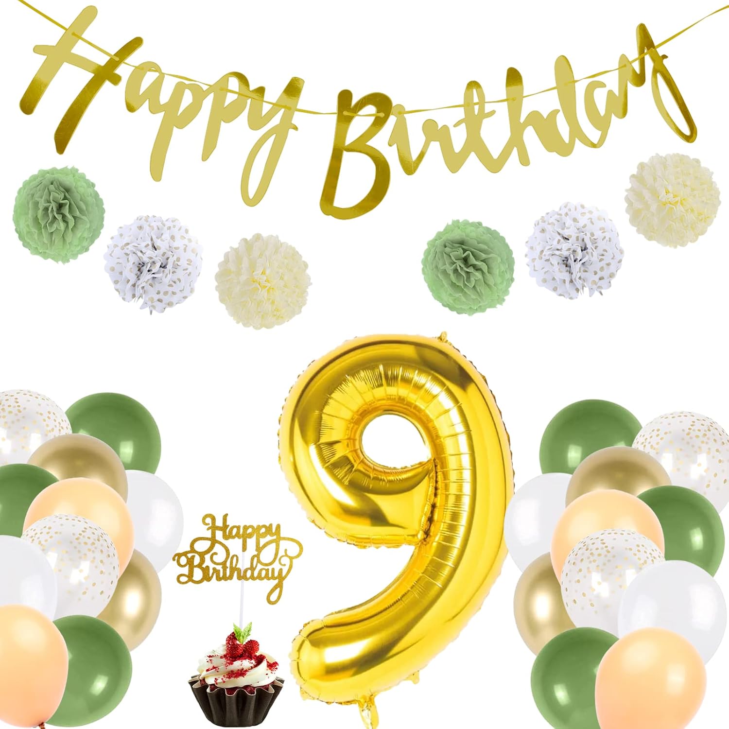 Lollanda Geburtstagsdeko 9 Jahr Grün, 9 Geburtstag Deko Mädchen ...