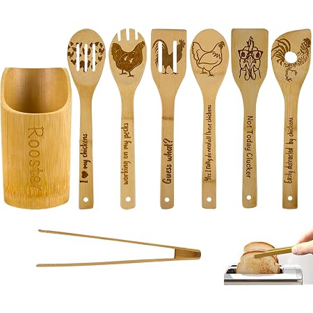 Amazon.com: Rooster Wooden Cooking Spoons Set of 5,Rooster Kitchen Gift ...