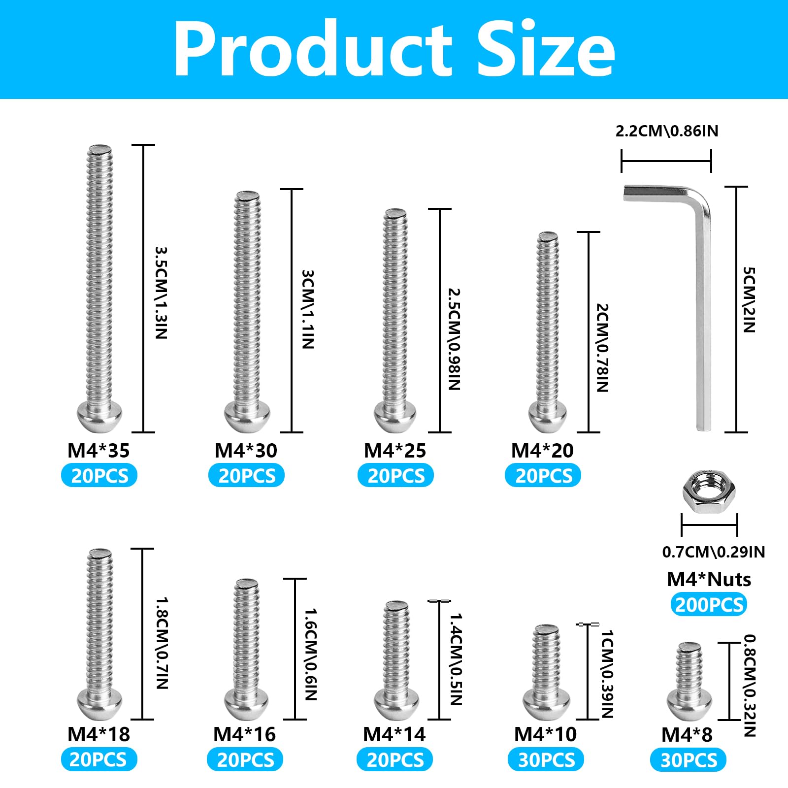 400 Pcs M4 Bolts Set, Hex Socket Button Head Cap Screws Bolts and Nuts ...